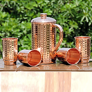 HealthGoodsIn - Pure Copper Hammered Pitcher with 4 Copper Tumblers | Hammered Copper Pitcher and Tumblers for Ayurveda Health Benefits