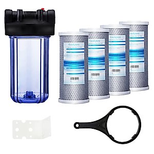 Geekpure Single Stage Whole House Water Filter System with 10-Inch Clear Housing-1"Port with 4 Pieces Carbon Filters