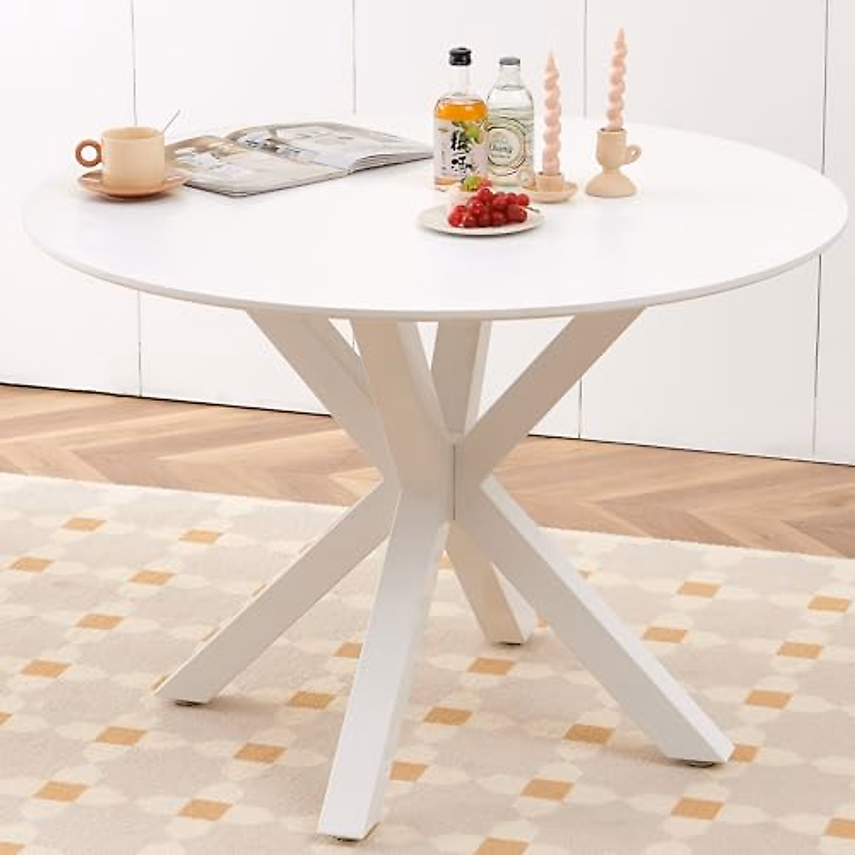Modern Round Dining Table for 4, White Kitchen Tables MDF Top with X-Shaped Metal Legs, Small Space-Friendly Kitchen Table, Dining Room or Office, 42-Inch