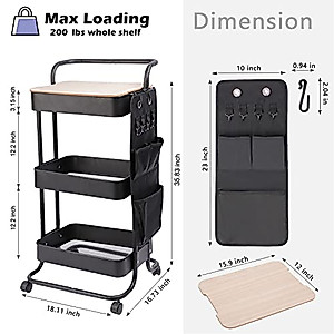 DTK 3 Tier Metal Utility Rolling Cart with Table Top and Side Bags, Metal Tray Storage Organizer Cart with Wheels, Art Craft Cart with 4 Hooks for Kitchen Bathroom Office Living Room (Black)