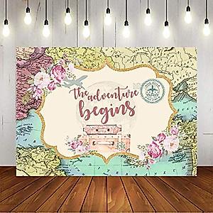 Mocsicka Adventure Awaits Backdrop Global Travel Adventure Begins Travel Baby Shower Party Decorations Vinyl Dessert Table Background Photobooth Prop (7x5ft)
