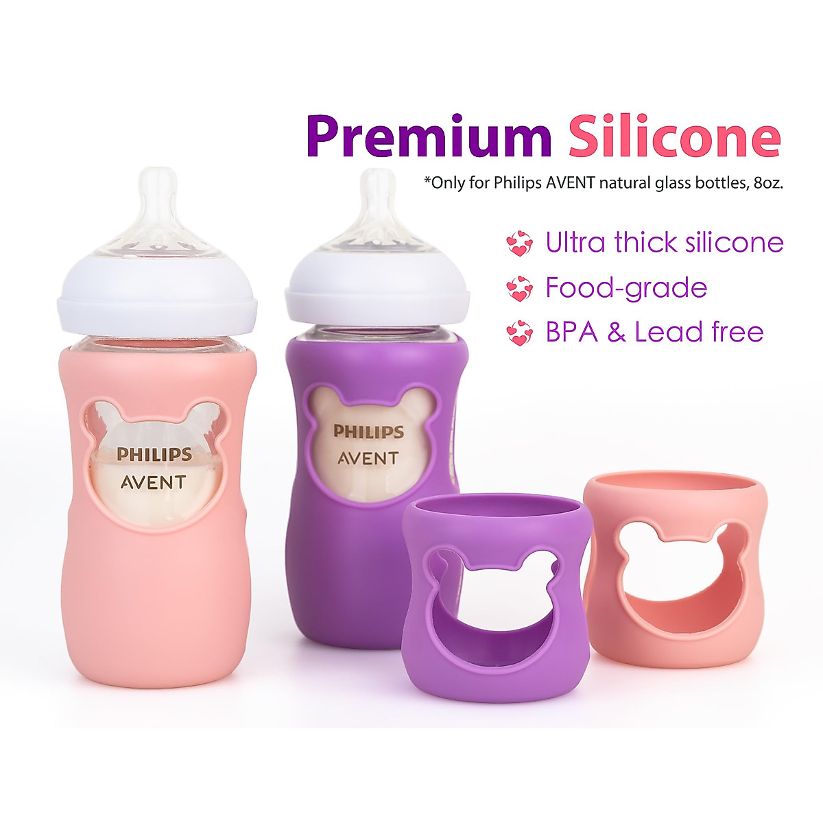 100% Silicone Baby Bottle Sleeves for Philips Avent Natural Glass Baby Bottles, Premium Food Grade Silicone Bottle Cover, Cute Bear Design, 8oz, Pack of 2 (Pink and Purple)