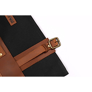 FAFOKitchen-Knife Roll - 12oz Heavy Duty Waxed Canvas & Top Grain Leather Roll Bag – 10 Slots - Interior and Rear Zippered Pockets – Carry Strap