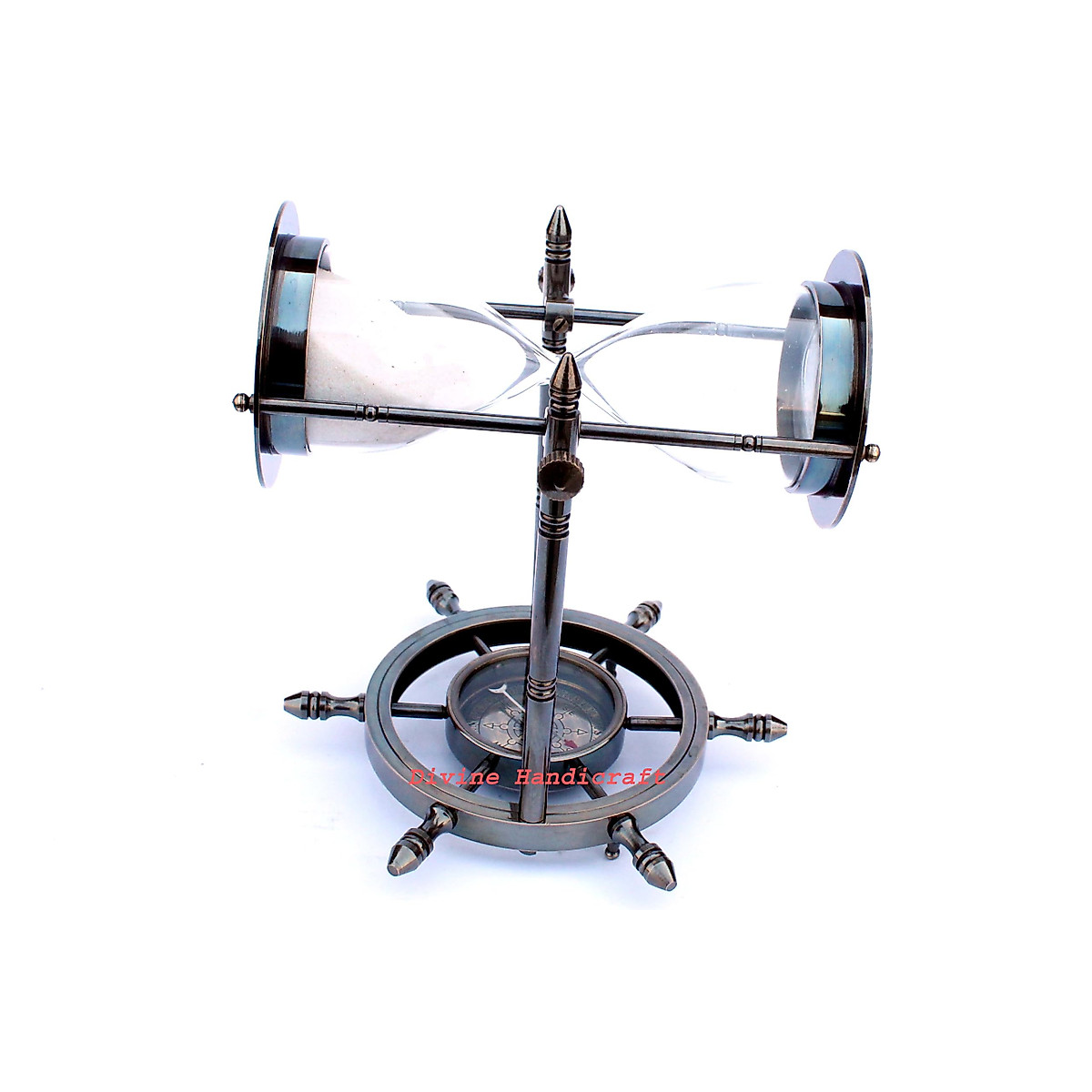 Nautical Maritime Black Antique Full Brass Sand Timer Hourglass with Wheel Compass Base