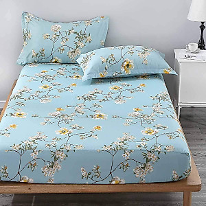 Nanko Queen Fitted Bed Sheet 80x60 Deep Pocket Mattress Teal Floral Farmhouse Best Luxury Cool Soft Lightweight Microfiber Bedding Set 2 Pillowcases 10 11 12 14 inch Green White Flower
