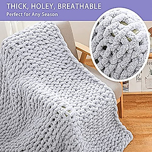 Chunky Knit Blanket Throw 51x63, Soft Chenille Chunky Knitted Throw Blanket, Big Knit Blankets Chunky, Thick Cable Knit Throw, Large Rope Knot Throw Blankets for Couch Bed Sofa(Light Grey)