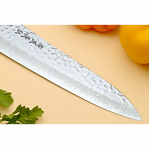 Yoshihiro VG10 16 Layer Hammered Damascus Stainless Steel Gyuto 8.25'' (210mm) Japanese Chefs Knife & Petty Utility Knife 5.3'' (135mm) SET