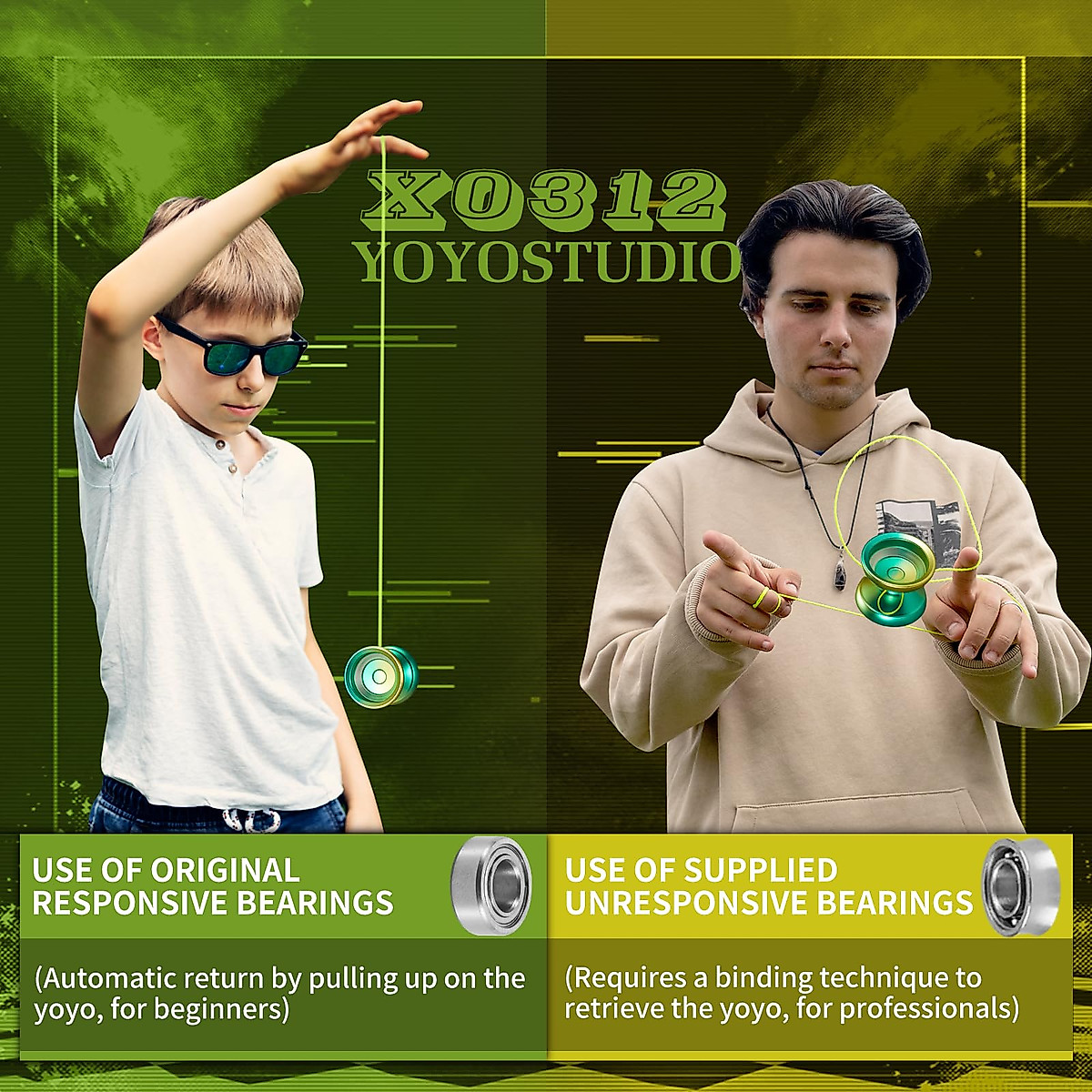 YOYOSTUDIO Responsive Yoyo Professional Yoyo for Kids 8-12 Fingerspin Yo Yo for Adults Kids Pro Trick Yoyos with Unresponsive Yoyos Bearings Kit, 10 Yo-Yo Strings, Case and Gloves (Yellow & Green)
