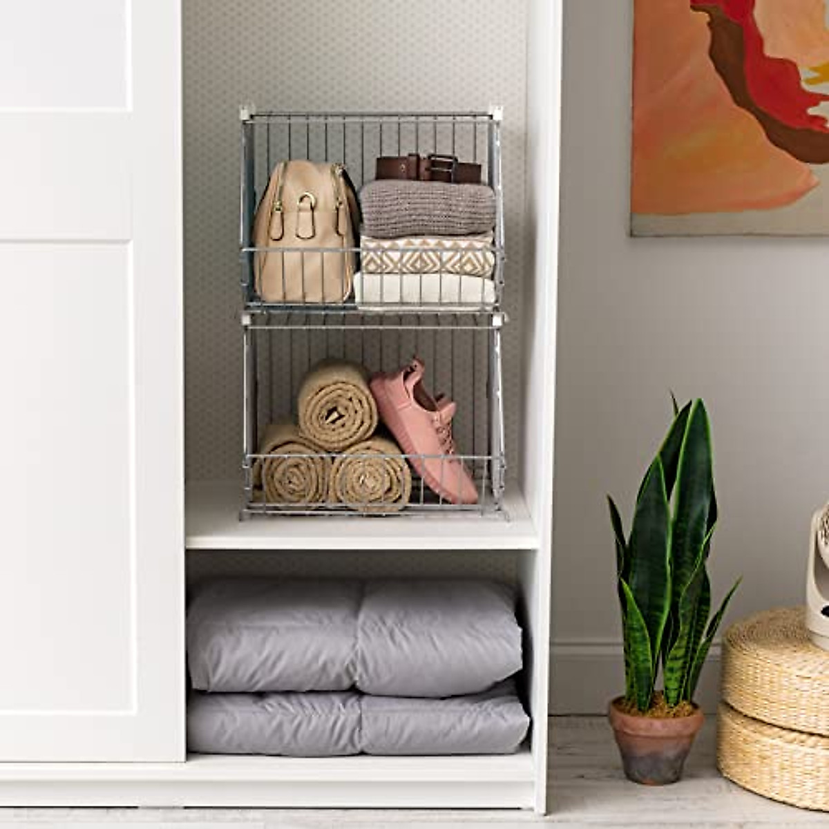 IRIS USA 17" Modular Wire Stacking Storage Basket, Great Storage for Linens, Groceries, Toys, Books, and More, Stackable, Easy Assemble, Multipurpose Home Organizer, Silver