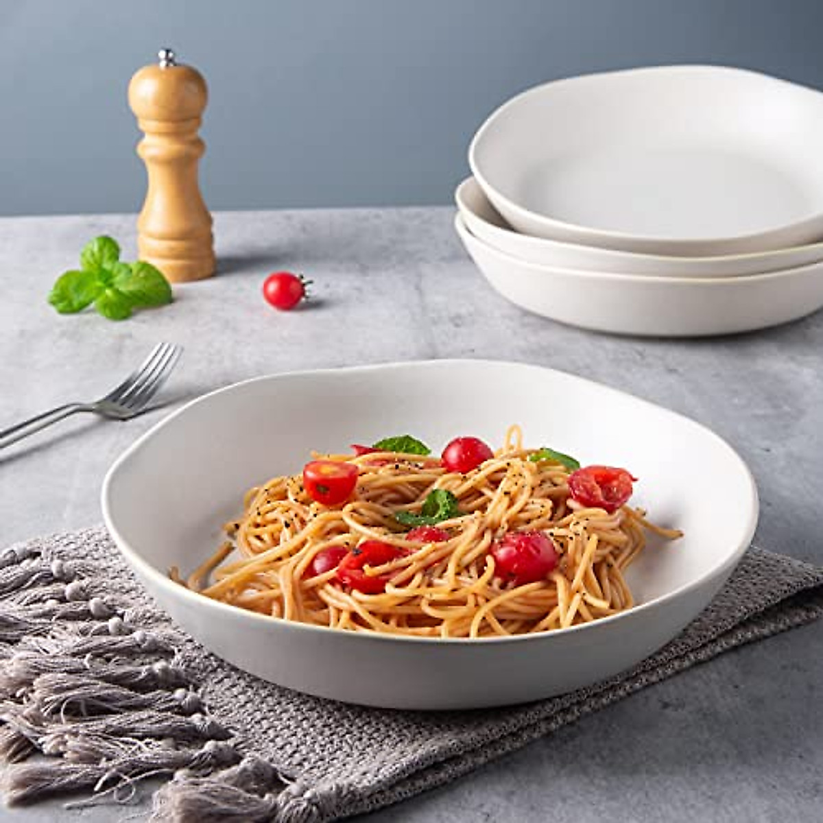 AmorArc 9.75 inch Stoneware Flat Pasta Bowls, 38oz Large Wide Bowls Set of 4 for Kitchen, Microwave Safe Bowls with Wavy Rim for Pasta Salad, Matte White