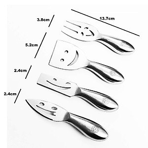 NewlineNY Stainless Steel 4 Pieces Smiling Faces Cheese Knife Set: Hard and Soft Cheese Knives, Serving Fork & Cheese Spreader