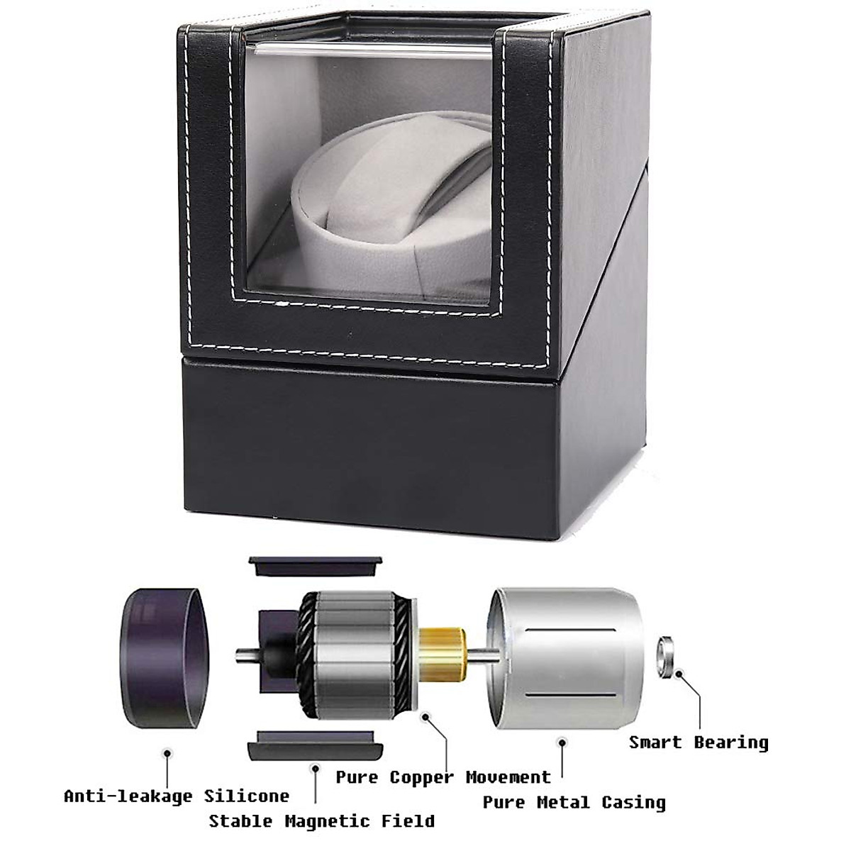 Aokelily Automatic Single Watch Winder, in Wood Shell and Black Leather/Carbon Fiber Leather, Japanese Motor