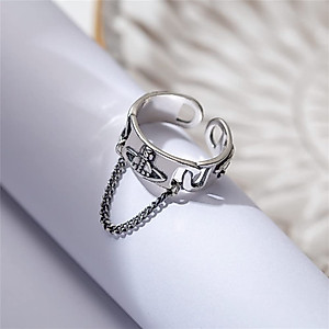 Beccalame Saturn Chain Sterling Silver Adjustable Ring Y2K Edgy Rings Fashion Handmade Jewelry Gift For Women Men Tassel Dangling Chain Ring