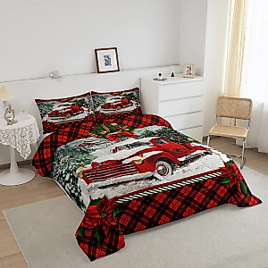 Homewish Christmas Truck Comforter Set Queen Size Kids Girls Boys Red Plaid Decor Pine Tree Bedding Set 3pcs Winter Snow View Quilt Set Happy New Year Gifts Duvet Insert with 2 Pillowcases