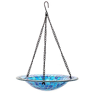 Lily's Home Hanging Colorful Mosaic Glass Bird Bath Bowl - 11" Diameter. (Blue)