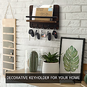 Decorative Key Hanging Rack with 5 Sturdy Hooks – Easy Install Key and Mail Holder for Wall Mount – Beautiful Farmhouse Entryway Shelf Organizes All Your Keys and Mails