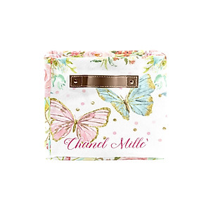 Floral Butterfly Pink Personalized Storage Bins Custom Baskets Cubes Organizer With Handle for Home Nursery Supplies Clothes Toy 1 Pack