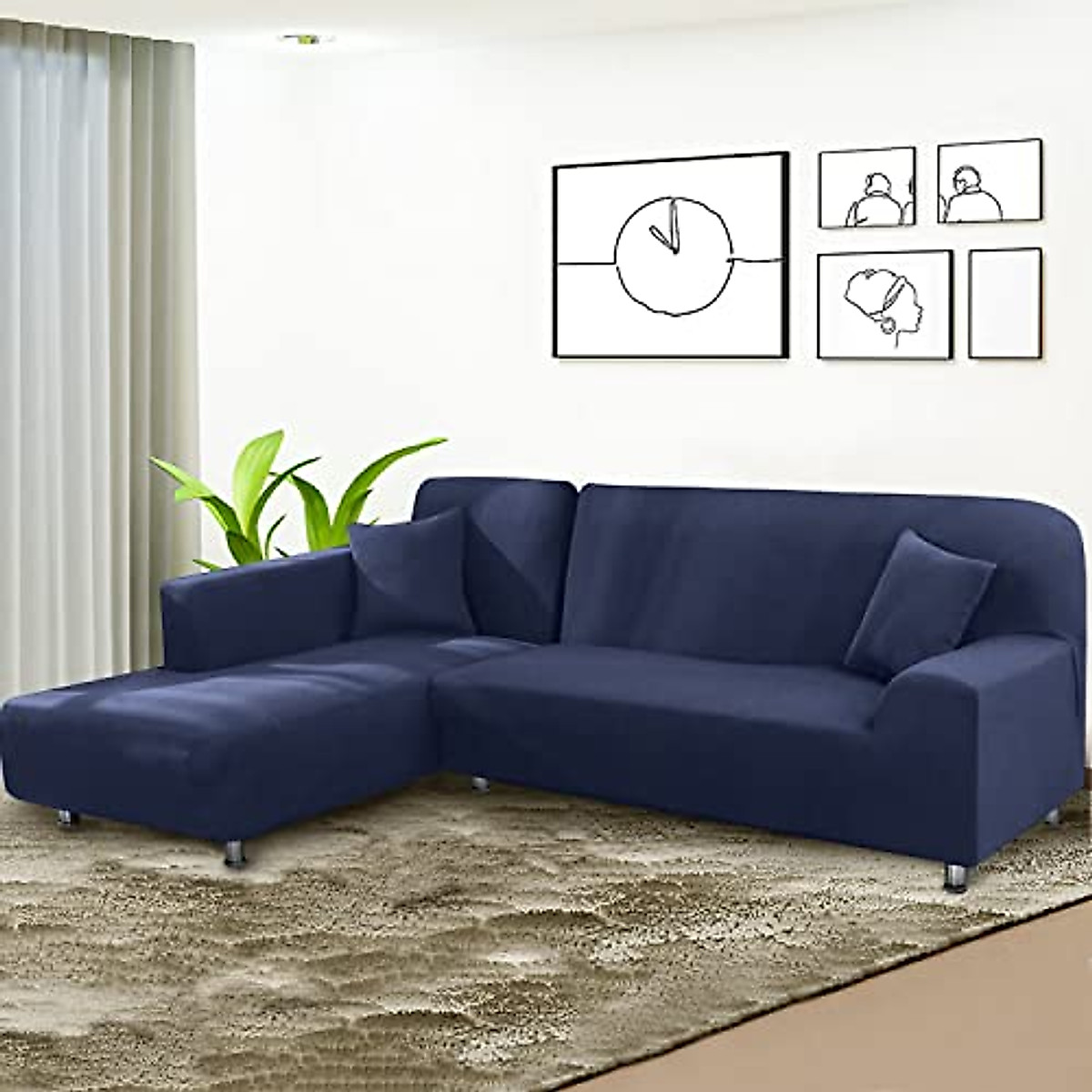 BT.WA Couch Cover L Shape Sectional Sofa Cover 2-Piece Soft Stretch Sofa Slipcover Furniture Protector Couch Slipcover with 2Pcs Pillowcases (Sofa 3 Seater + 3 Seater, Navy)