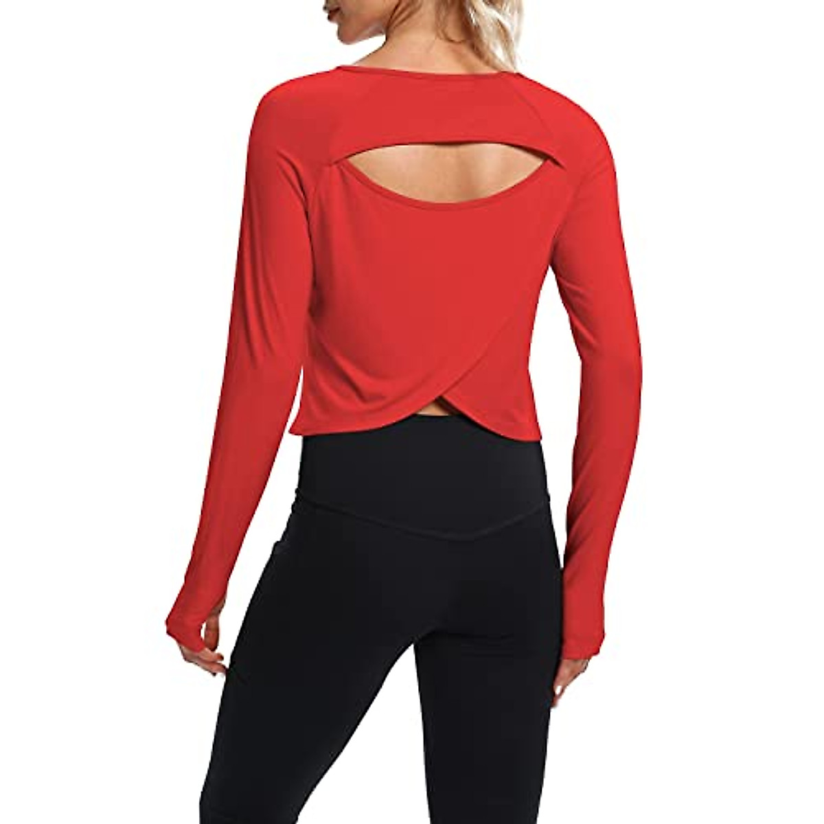 Bestisun Womens Cropped Tops Long Sleeve Open Back Workout Tops Activewear Gym Yoga Shirts Exercise Sports Running Clothes Red S