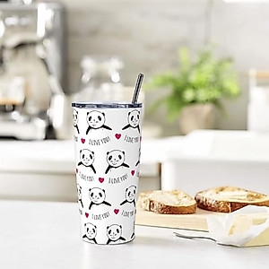 20oz Tumbler Love You Pandas Double Wall Vacuum Insulated Coffee Mug with Lid and Metal Straw Brush Reusable Stainless Steel Water Bottle Travel Cup Gifts for Car Ice Drinks Hot Beverage