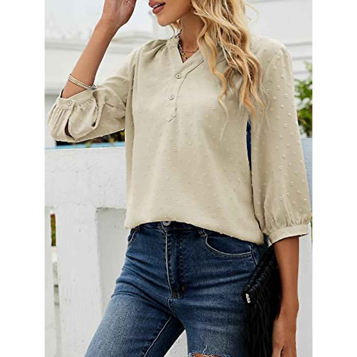 Womens Summer V Neck 3/4 Sleeve Blouses Swiss Dot Tunic Tops Casual Button Shirts Beige