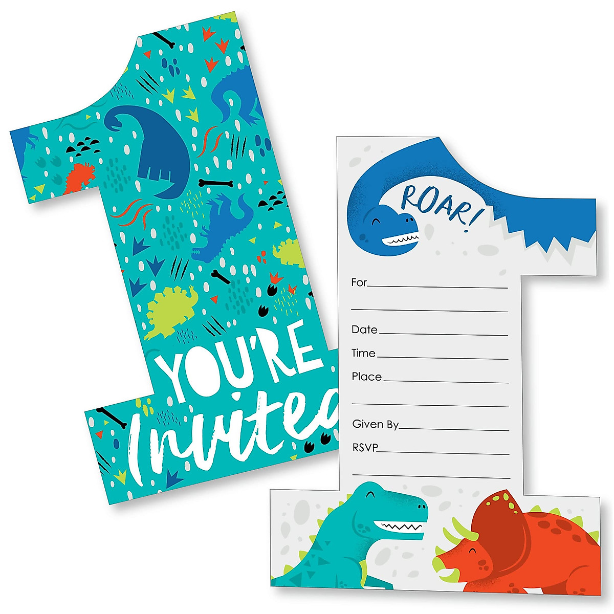 Big Dot of Happiness 1st Birthday Roar Dinosaur - Shaped Fill-In Invitations - ONEasaurus Dino First Birthday Party Invitation Cards with Envelopes - Set of 12