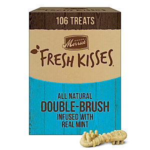 Merrick Fresh Kisses Natural Dental Chews Toothbrush Treat Shape Infused with Real Mint for Tiny Dogs 5-15 Lbs - 106 ct. Box