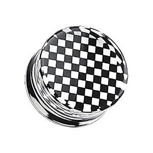 Classic Checker Inlay Double Flared Ear Gauge Freedom Fashion Plug (Sold by Pair) (7/16", Black)