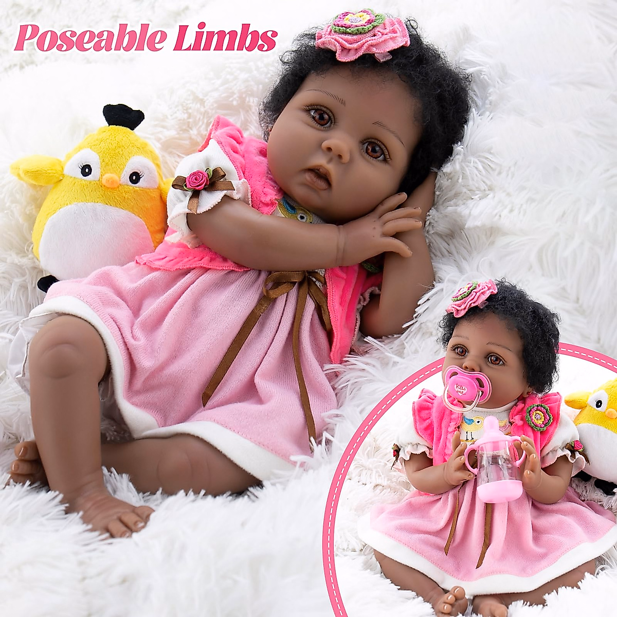 Aori Lifelike Reborn Baby Dolls Black 22 inch Realistic Baby Girl Doll Weighted Biracial Newborn Baby Doll with Feeding Toy Accessories