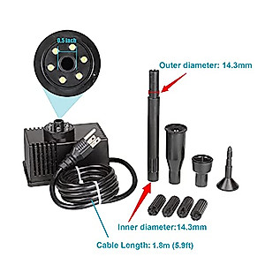 GBGS 10W 160GPH Submersible Water Pump with 2 Water Patterns (Blossom and Mushroom) Outdoor Aquarium Waterfall Fountain for Fish Tank, Pond, Garden, Yard (6 White LED, Telescopic Tube )