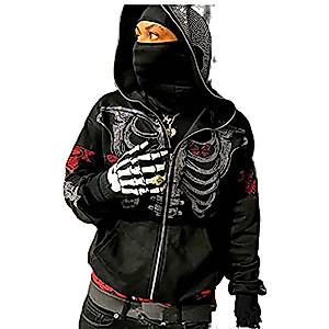 Creaion Bones Skeleton Rhinestone Graphic Y2k Hoodies Full Zip Up Hoodie over Face Rib Cage Jacket Oversized Hip Hop Streetwear Sweatshirt