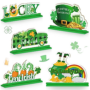 5 Pcs St. Patrick's Day Table Decorations St. Patrick Lucky Table Sign Shamrocks Green Truck Leprechaun Table Ornaments Wooden St. Patrick Table Centerpiece for St Patrick's Day Home Party Decor