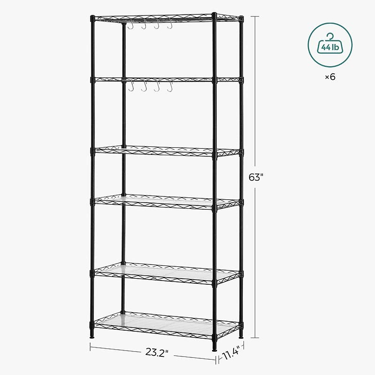 SONGMICS 6-Tier Metal Storage Shelves, Wire Shelving Unit, Adjustable Shelves, Garage Shelving, Kitchen, Living Room Storage Rack, Shelf Liners, 8 Hooks, Total Max. Load 264 lb, Black ULGR066B01