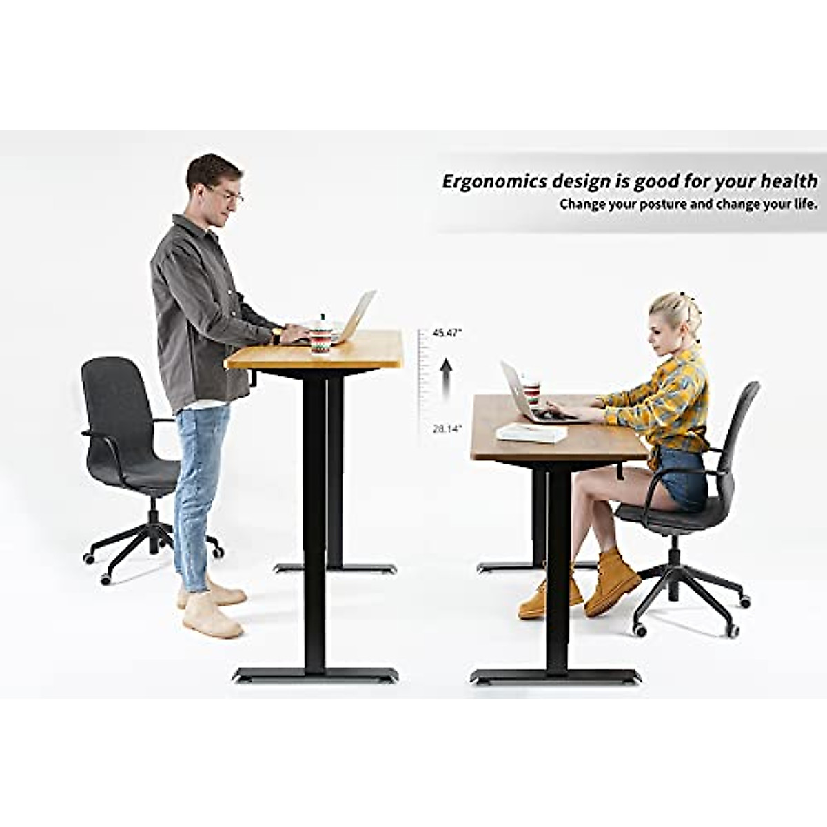 FEZIBO Crank Adjustable Height Standing Desk, 48 x 24 Inches Manual Stand up Desk, Sit Stand Desk with Handle, Home Office Desk with Black Top and Black Frame
