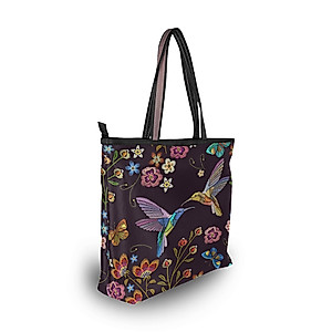 linqin Women's Shoulder Handbags Tote Purse with Zipper closure Humming Bird And Tropical Flowers Embroidery