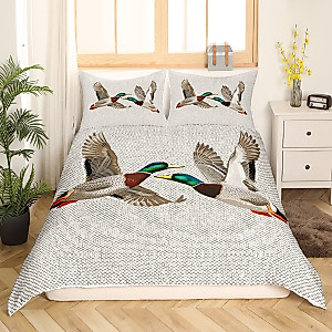 Mallard Duck Bedding Set Queen Wild Animal Comforter Cover, Grey Honeycomb Bed Set Lake Wildlife Duvet Cover, Modern Geometric Hexagon Bedspread Cover Hunting Theme Home Decor 3pcs (Zipper Closure)