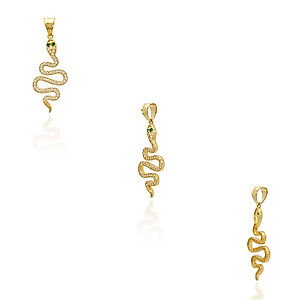 WJD Exclusives 14K Yellow Gold Simulated Diamond And Emerald Snake Charm Pendant