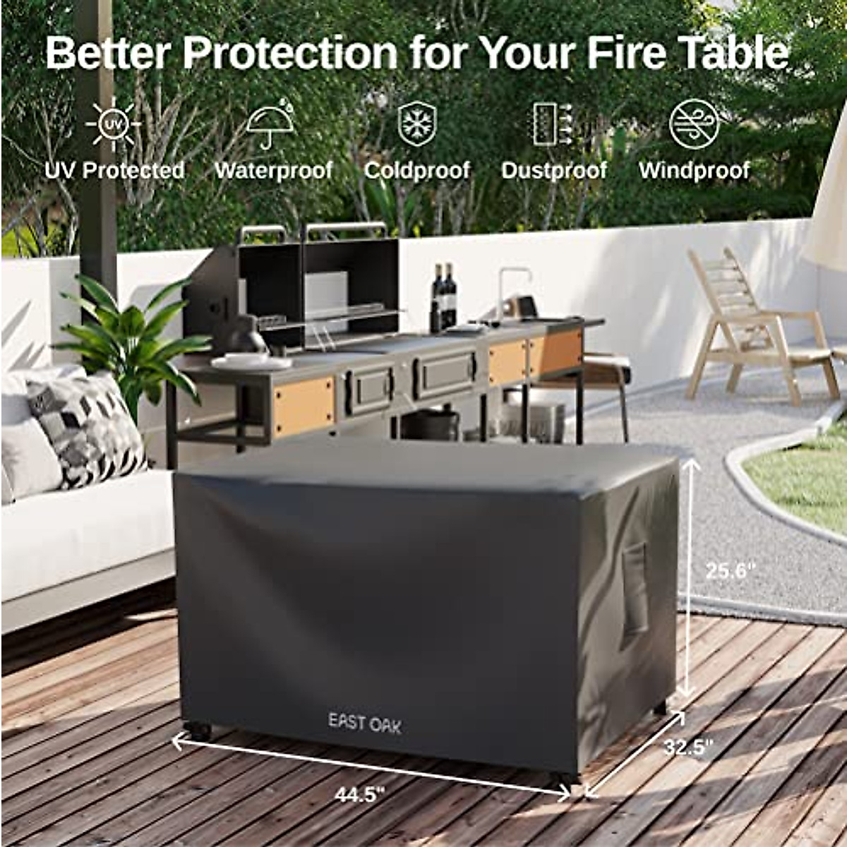 EAST OAK 44 Inch Fire Pit Table Cover for Outdoor Propane Fire Pit Table, 600D Heavy Duty Fabric, Waterproof, Dustproof, and All-Weather Resistant, 44”L x 32”W x 26”H inch, Black