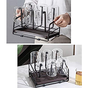 YEAVS Cup Drying Rack with Drain Tray, Bottle Drying Rack Stand with 6 Hooks, Mug Organizer, Brown