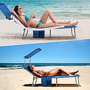 Giantex Lounge Chaise Chair Position and Shade Adjustable W/Canopy and Storage Pocket Folding Cot Recliner for Garden, Yard, Pool Side and Beach Sunbathing Folding Lounge Chairs(1, Navy)