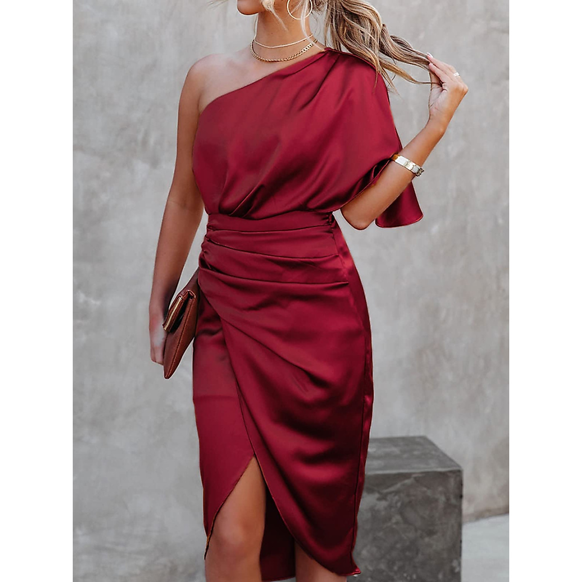 CUPSHE Women Satin Cocktail Party Dress Backless One Shoulder Flared Sleeves Tea Length Anomalistic Hem Solid Bodycon Dress with Zipper Burgundy Red M
