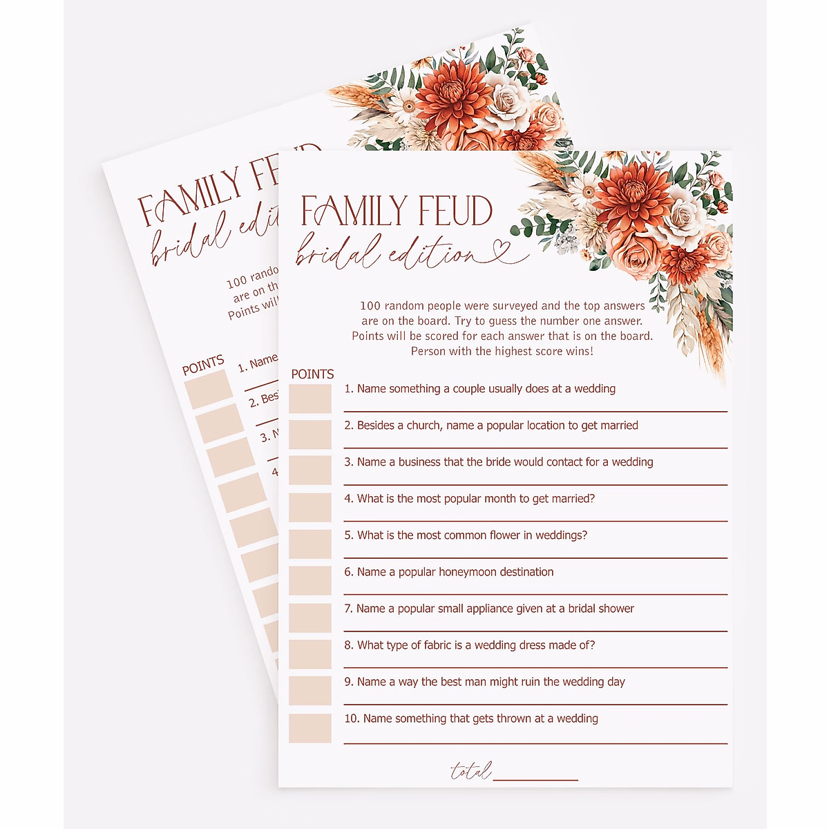All Ewired Up 50 Bridal Family Feud (50-Cards) Fall in Love, Fun Wedding Shower Decorations Party Rehearsal Dinner Game Activity, Autumn Sienna Burnt Orange Florals