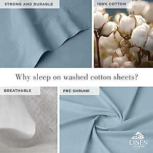 Linen Home Washed Cotton Percale Full Sheet Set, Baby Blue, Preshrunk, 4 Pieces Sets - 1 Flat, 1 Deep Pocket Fitted Sheet & 2 Envelope Closure Pillowcases, Cool and Comfortable Bed Linen