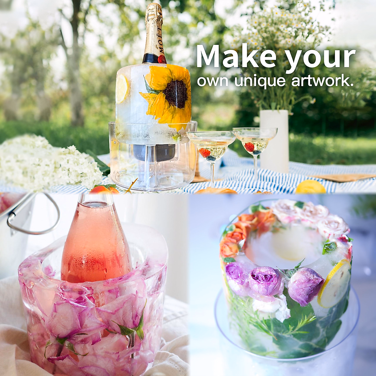 Ice Molds, Ice Bucket, Ice Mold Wine Bottle Chiller, DIY Champagne Cocktails Clear Bucket Freezer Chiller, Any Floral or Fruits Decoration for Party, Wedding and Celebration, Beautiful with Creative