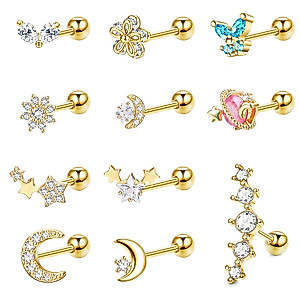 Sanfenly 11Pcs 16G Cartilage Earrings Studs Stainless Steel CZ Forward Helix Tragus Stud Earring Cute Butterfly Moon and Star Cartilage Daith Conch Ear Piercing Jewelry for Women