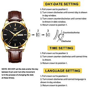 QBAIZI Mens Watches Black Face Day Date Gold Dress Watch for Men Brown Leather Band Classic Minimalist Analog Men's Wrist Watches Waterproof Reloj para Hombre