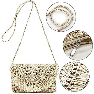 Meyaus Women Small Fringed Straw Woven Cross-body Bag Shoulder Bag Bohemian Beach Envelope Flap Handbag Purse