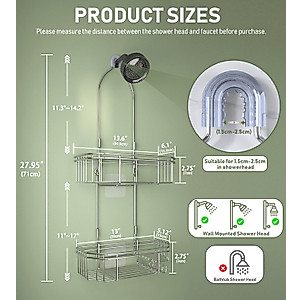 WXCGX Hanging Shower Caddy Over Shower Head Organizer: Height Adjustable Large Bathroom Storage Shelf with Soap Holder - Stainless Rustproof Shower Rack Basket with Hooks for Sponge Razor - Silver