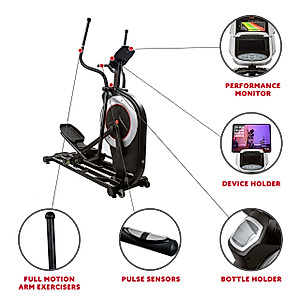 Sunny Health & Fitness Electric Eliptical Trainer Elliptical Machine w/Device Holder, Programmable Monitor and Heart Rate Monitoring, 300 LB Max Weight and 20" Stride - SF-E3875, Black