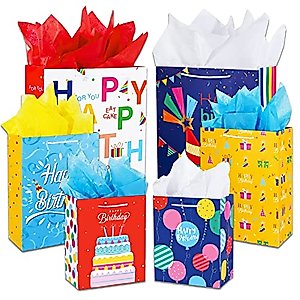 Birthday Gift Bag with Handle and Tissue Paper, 12 Pcs Gift Bags Assorted Sizes and Designs, Large, Medium, Small Size Birthday Gift Bag for Boys, Girls, Women and Men’ Birthdays Party ( Sizes 15.5”, 13”, 9” )